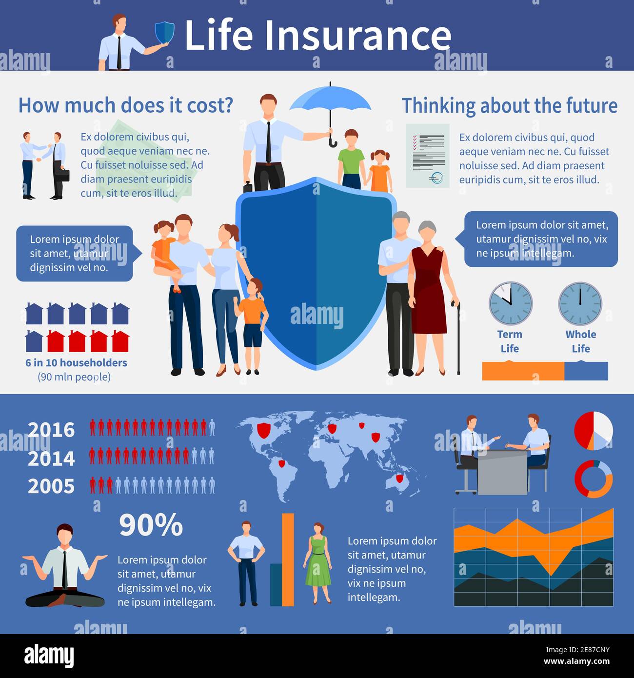 Life insurance infographics with world map families and agents diagrams ...