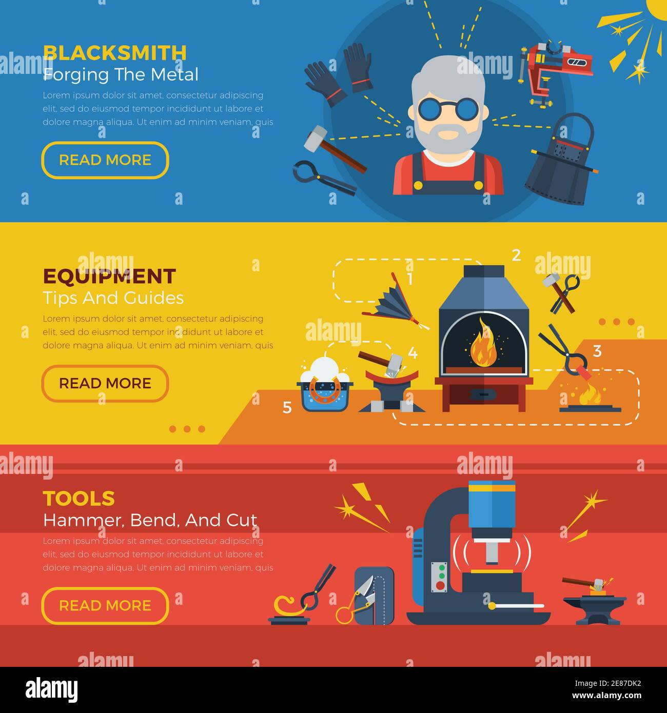 Blacksmith horizontal banners with advertising of equipment for forging ...