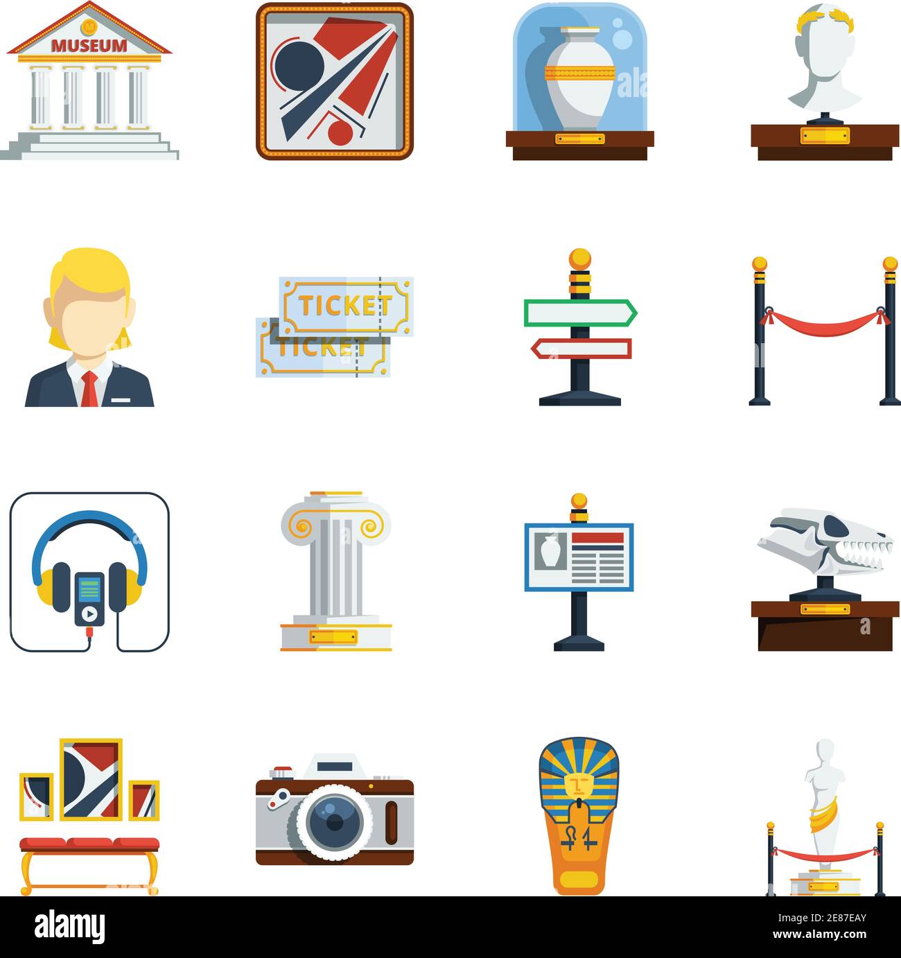Museum flat icon set with colored abstract elements like pictures ...