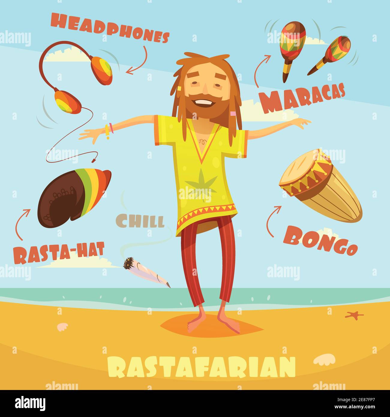Rastafarian cartoon character set with maracas headphones and bongo ...