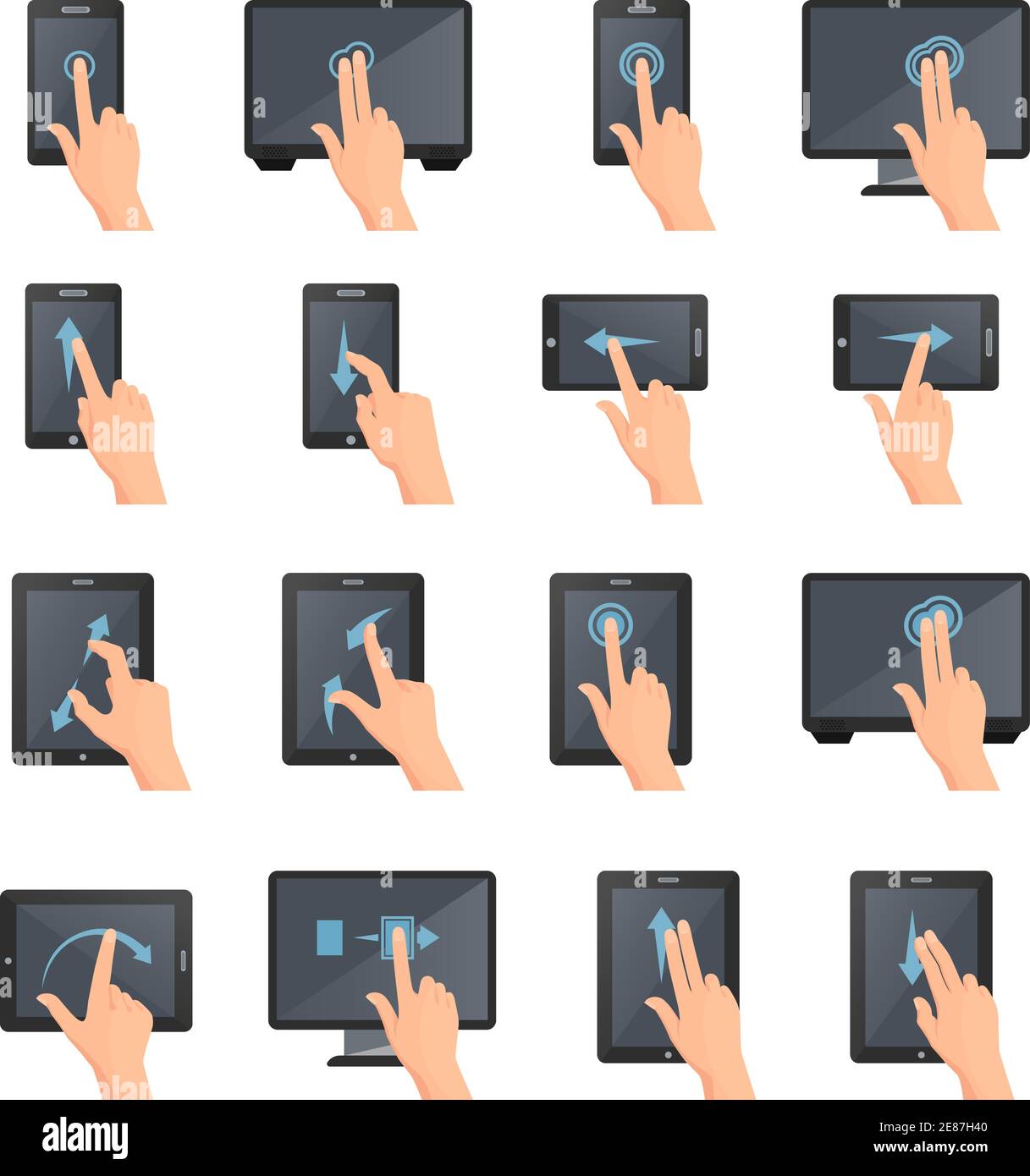 Hand gestures on touch digital devices flat colored isolated decorative ...