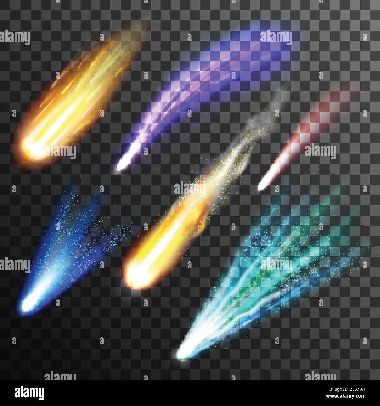 Falling multicolored meteor and comet of different size on transparent ...