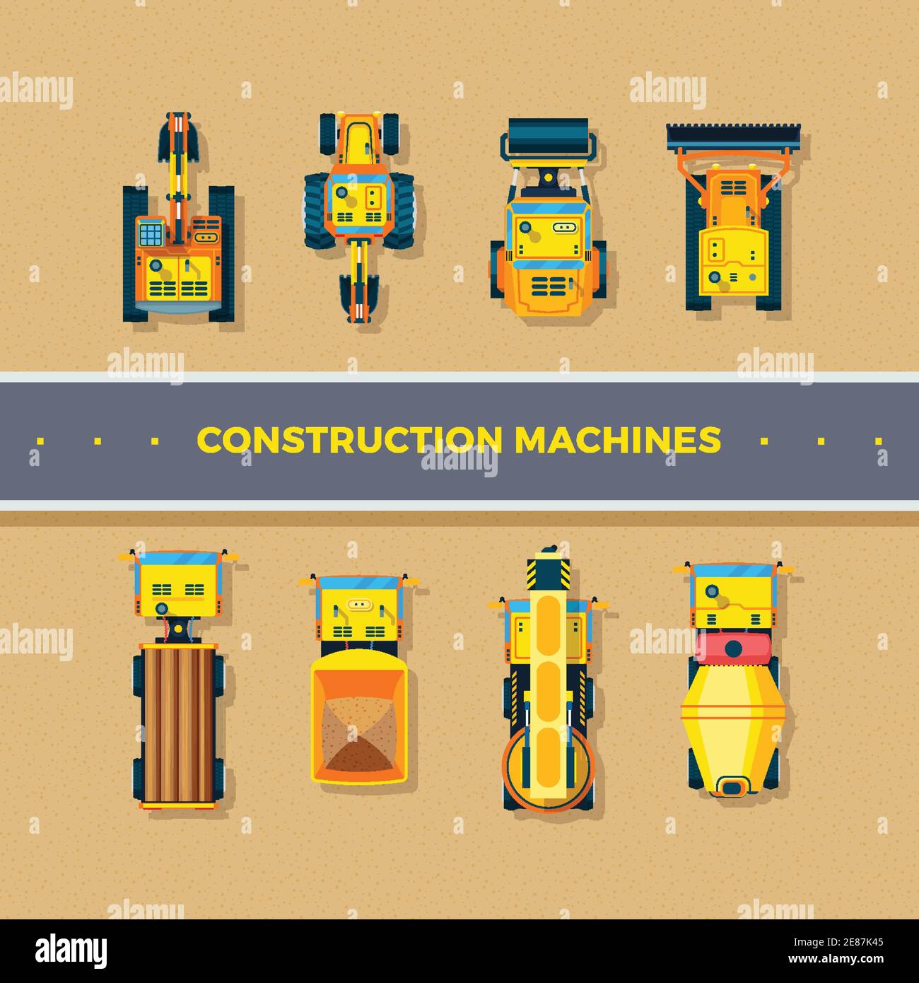 Construction machines top view with bulldozer and excavator flat ...