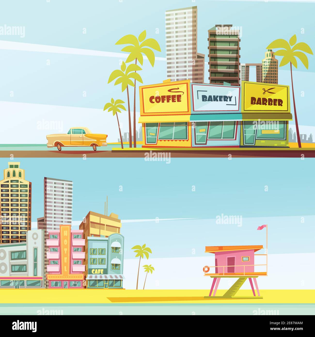 Miami beach horizontal banners in cartoon style with sea shore barber ...