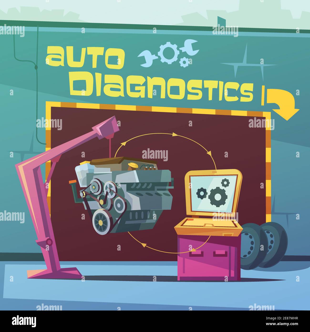 Auto diagnostics cartoon background with equipment and spare parts ...