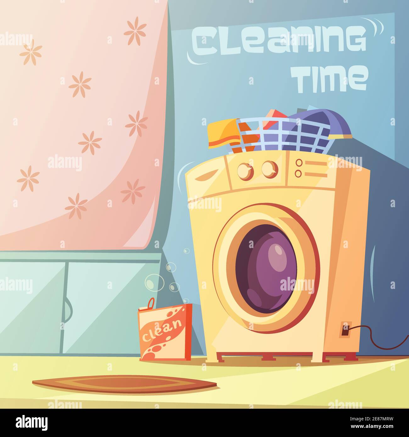 Cleaning time cartoon background with washing machine and bath vector ...