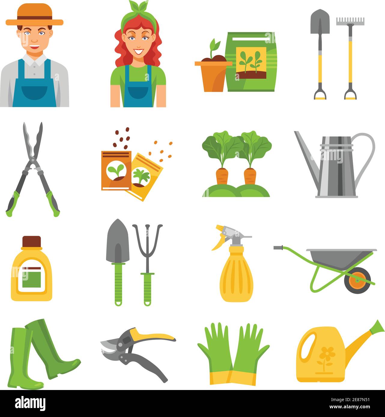 Farmers gardening tools accessories flat icons set with barrow rake and ...