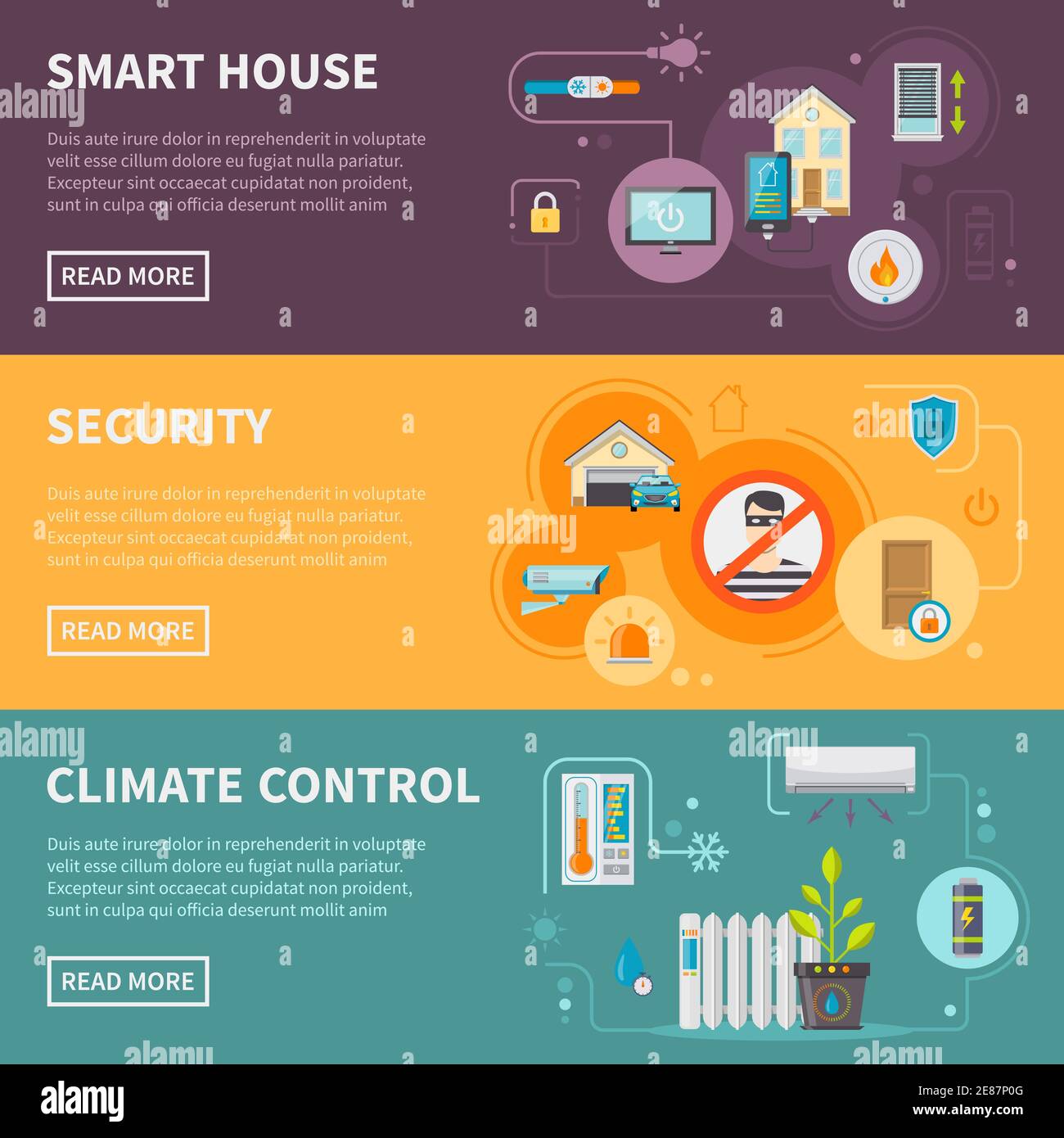 Smart house horizontal banners set with security system and climate ...