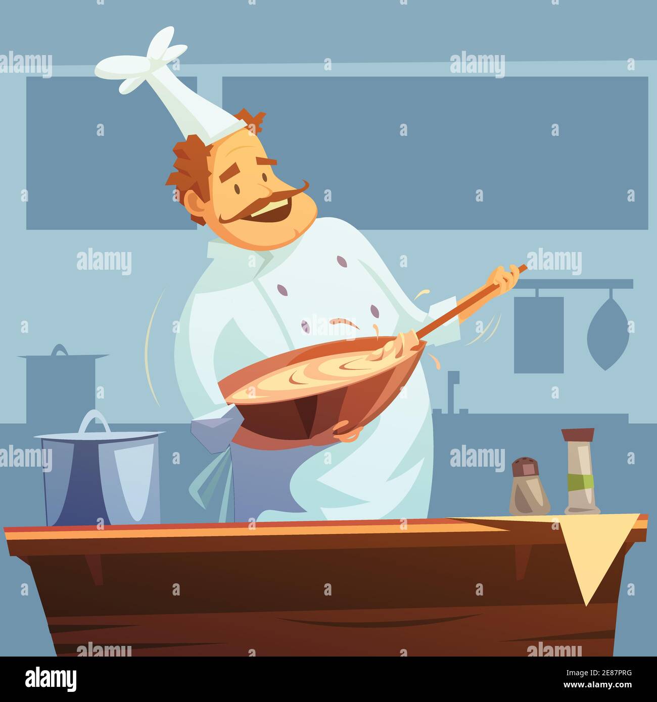 Cooking workshop with chef mixing ingredients in a bowl cartoon vector ...