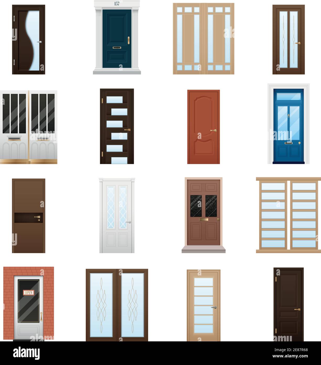 Various colorful closed front double and single doors to houses and ...