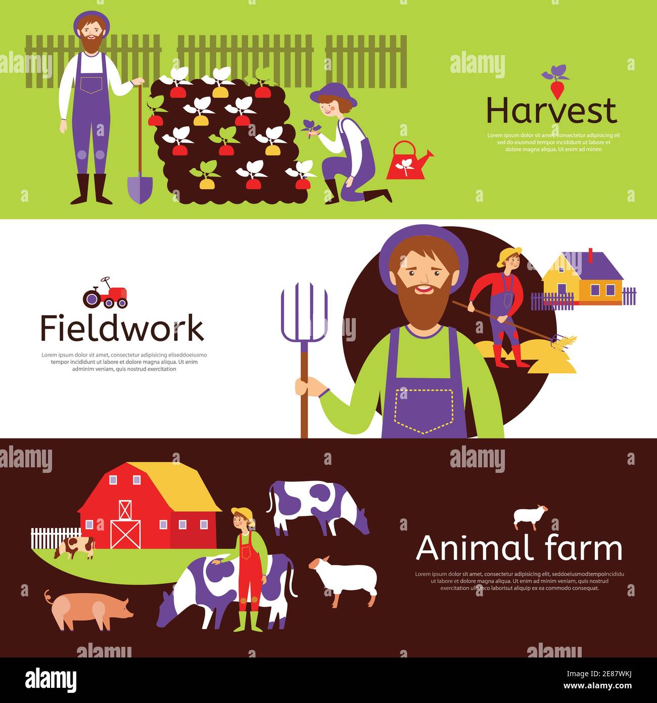 Fieldwork harvesting and livestock animals farm 3 flat horizontal ...
