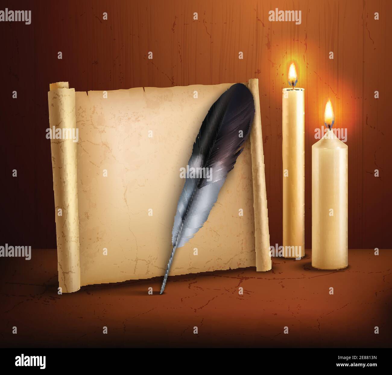 Parchment paper with feather and burning candles realistic aged style ...