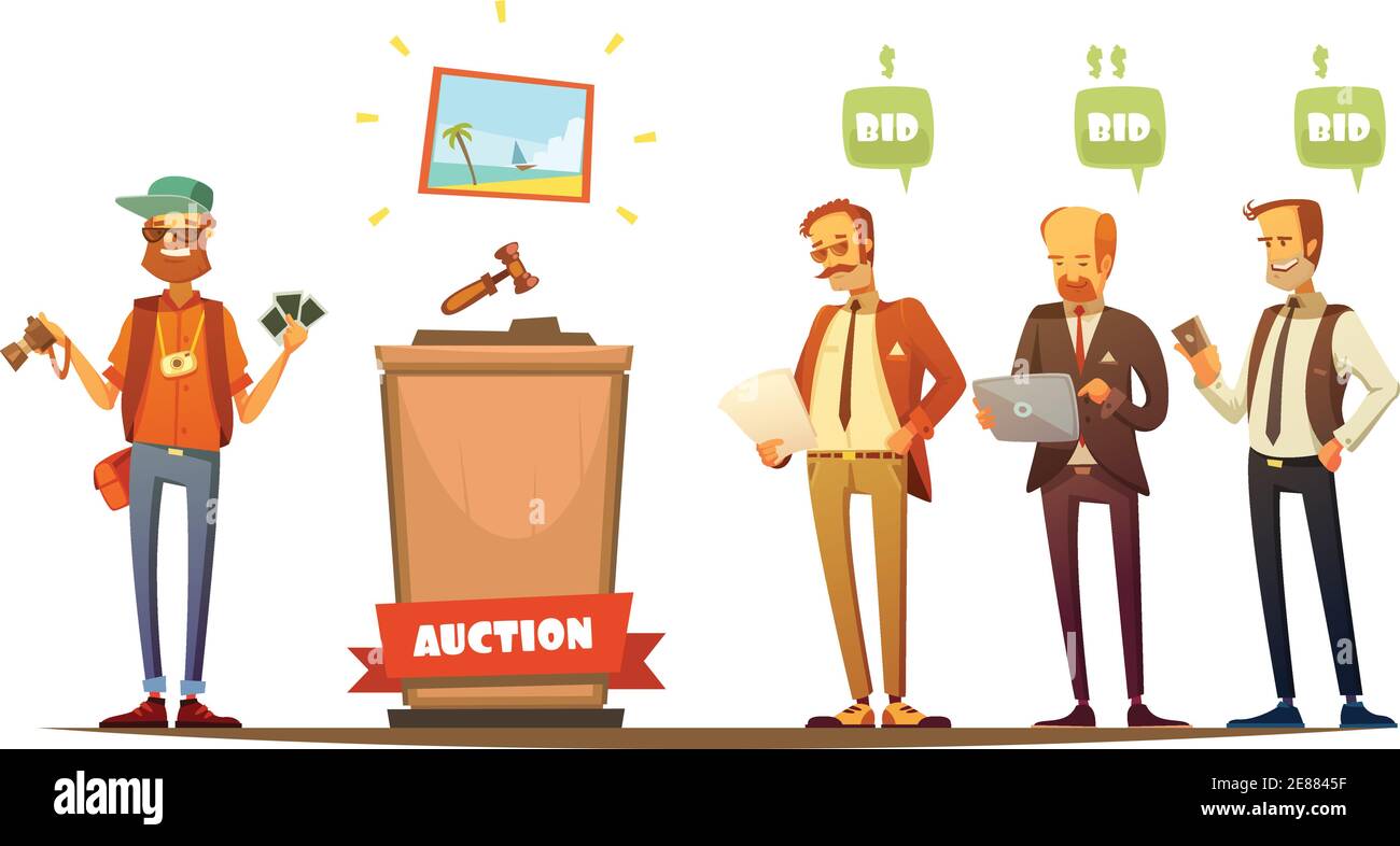 Traditional auction painting sale bidding participants with laptop ...