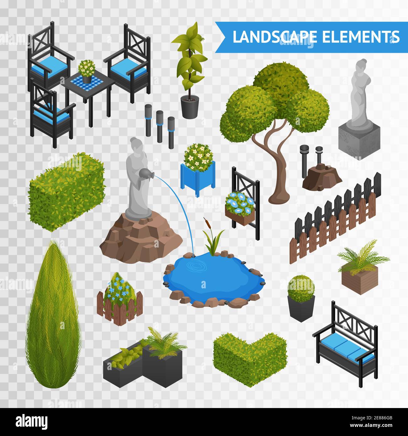 Various garden park landscape isometric elements set with plants ... Various garden park landscape isometric elements set with plants ...