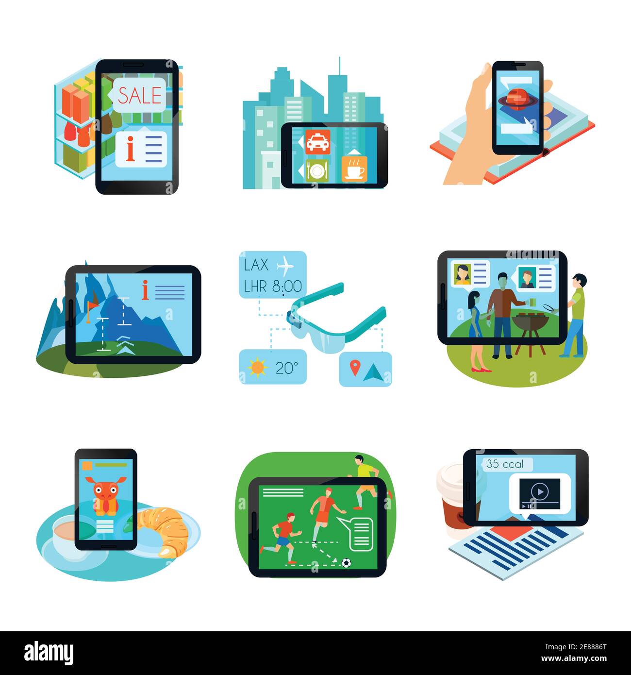 Augmented reality icons set with technology symbols flat isolated ...