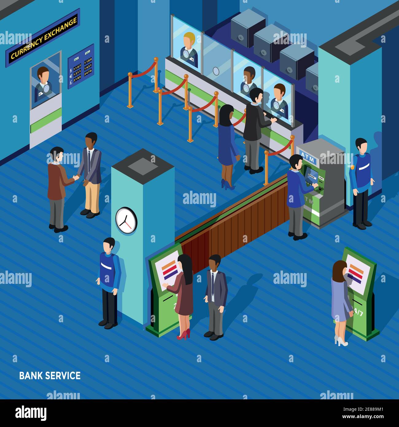Bank service isometric concept with people inside bank currency ...