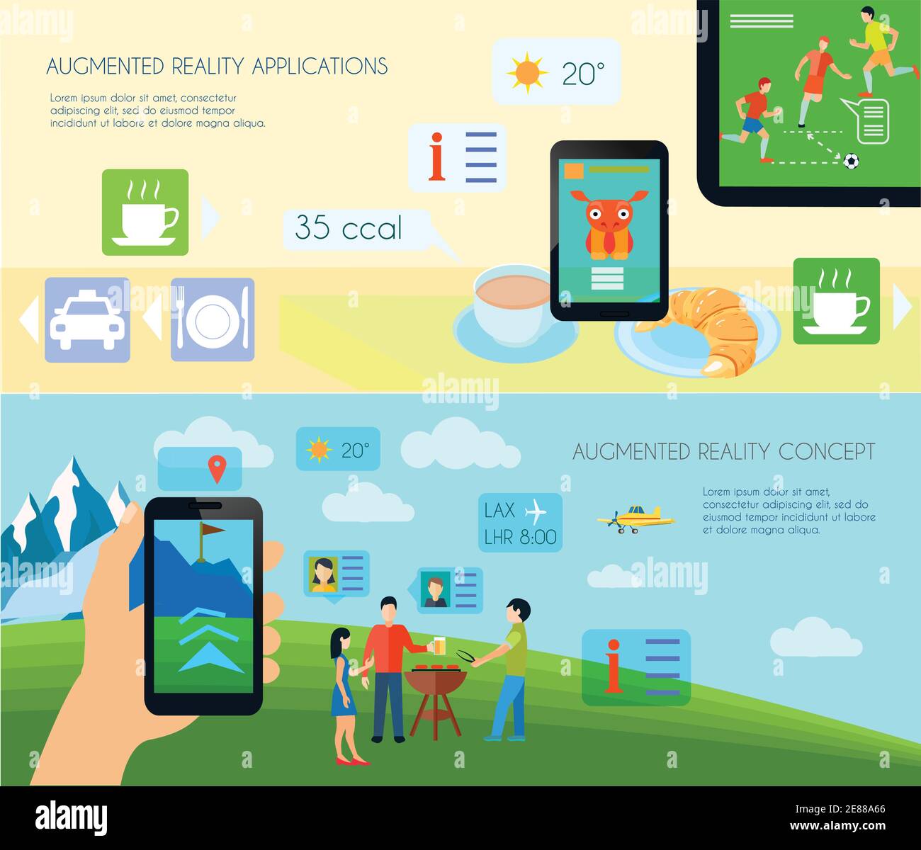Augmented reality and technology horizontal banners set with ...