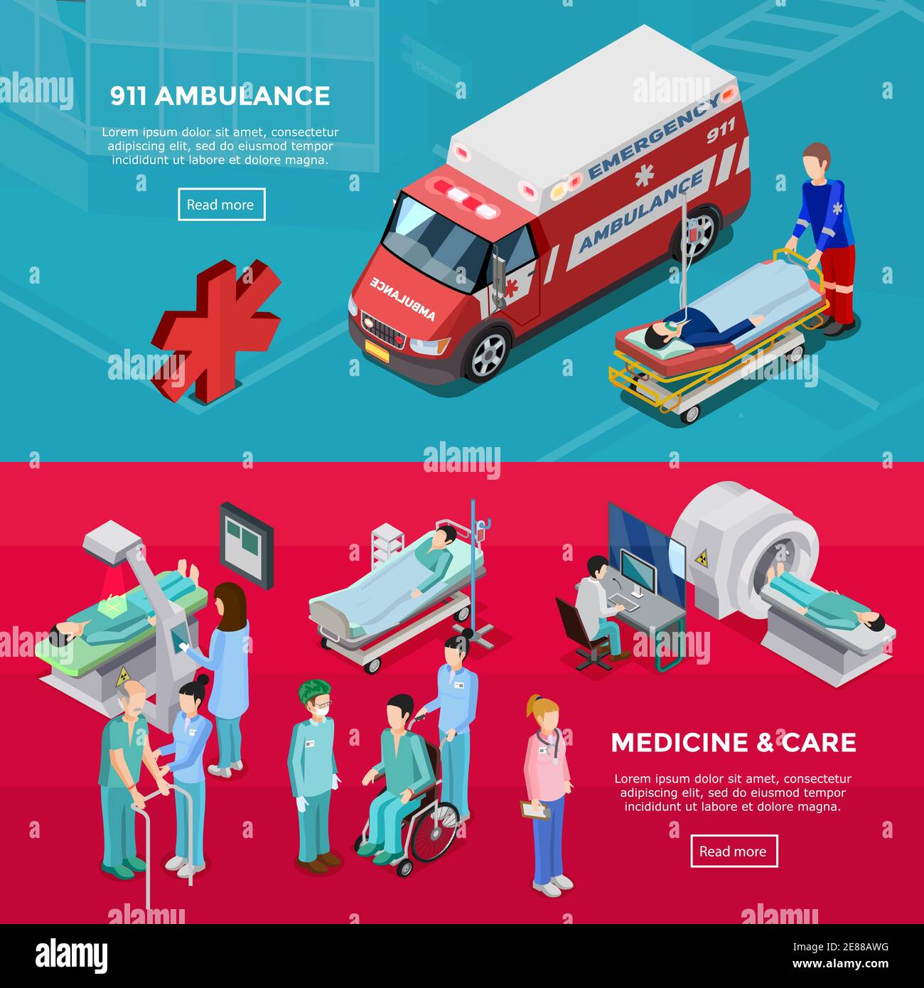 Two isometric hospital horizontal banners with medical staff diagnostic ...