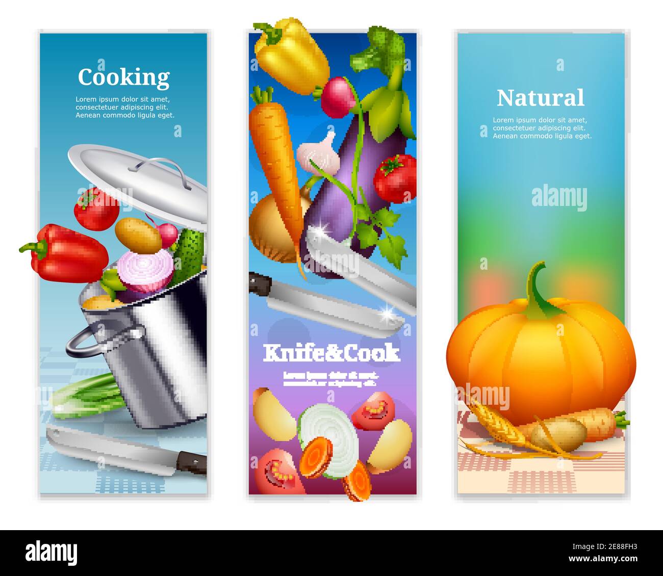 Three colorful vertical banners advertising natural food with fresh and ...