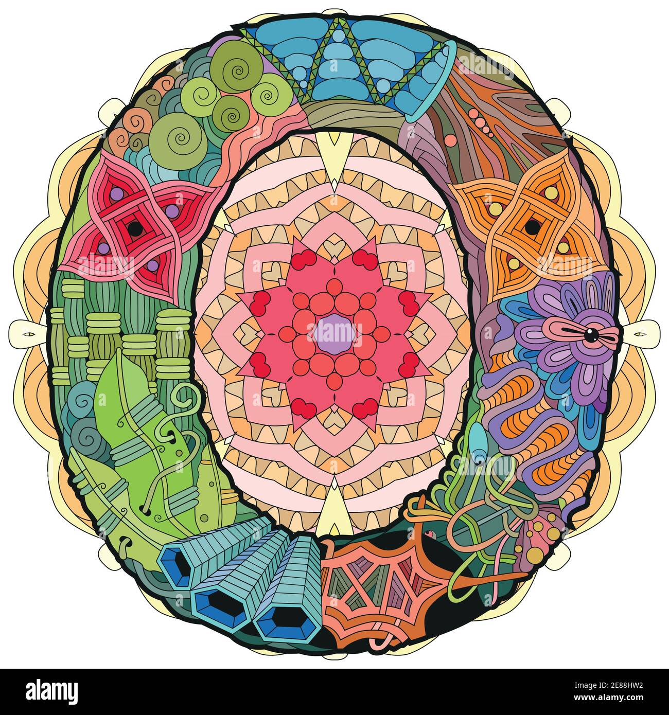 Hand-painted art design. Hand drawn illustration mandala with letter O ...