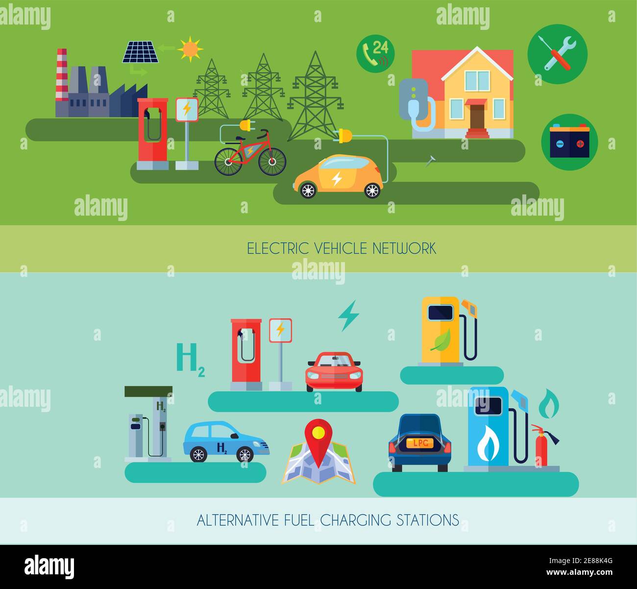 Alternative energy vehicles horizontal banners set with electric car ...