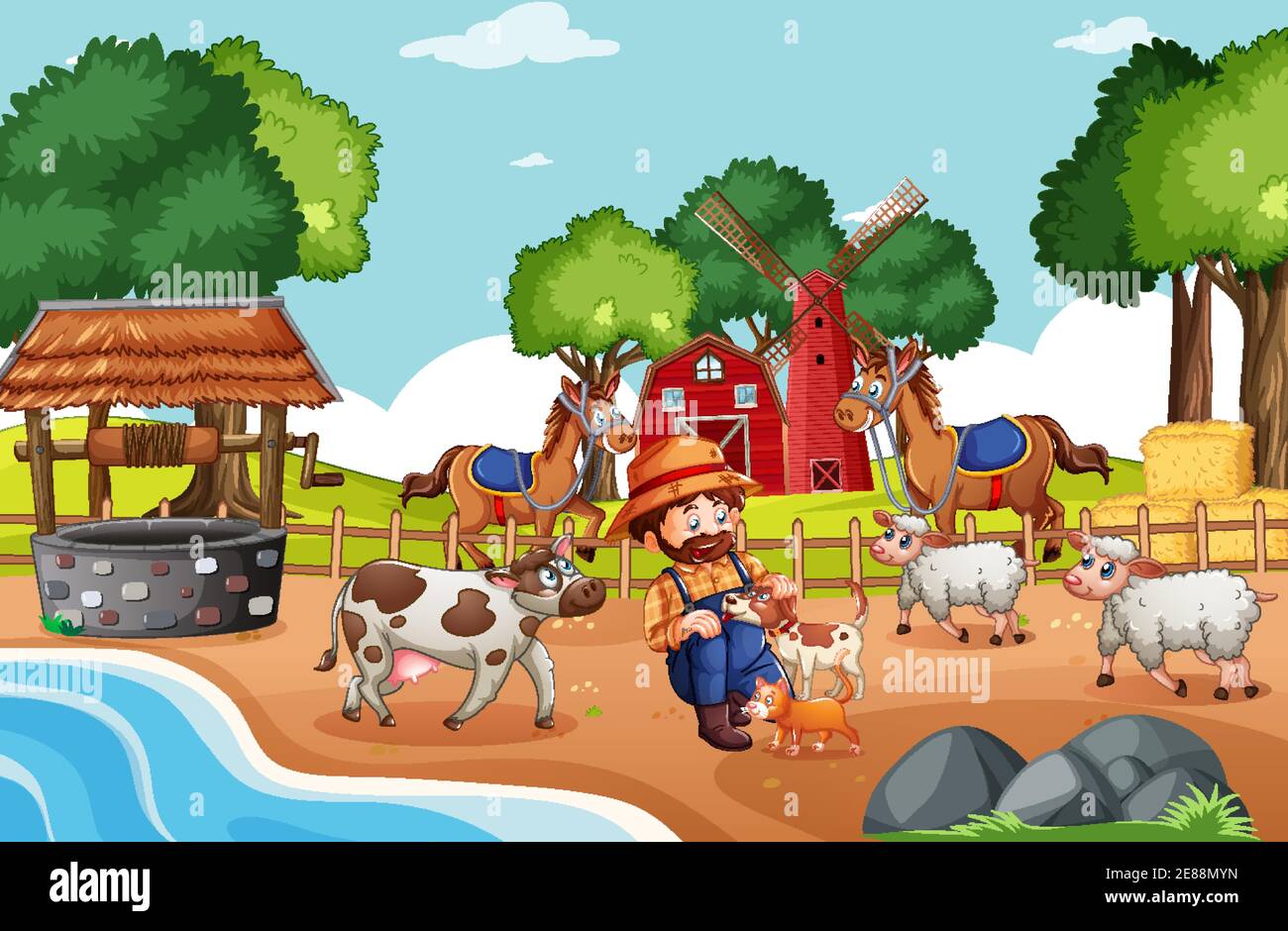 Old MacDonald in a farm nursery rhymes scene illustration Stock Vector ...