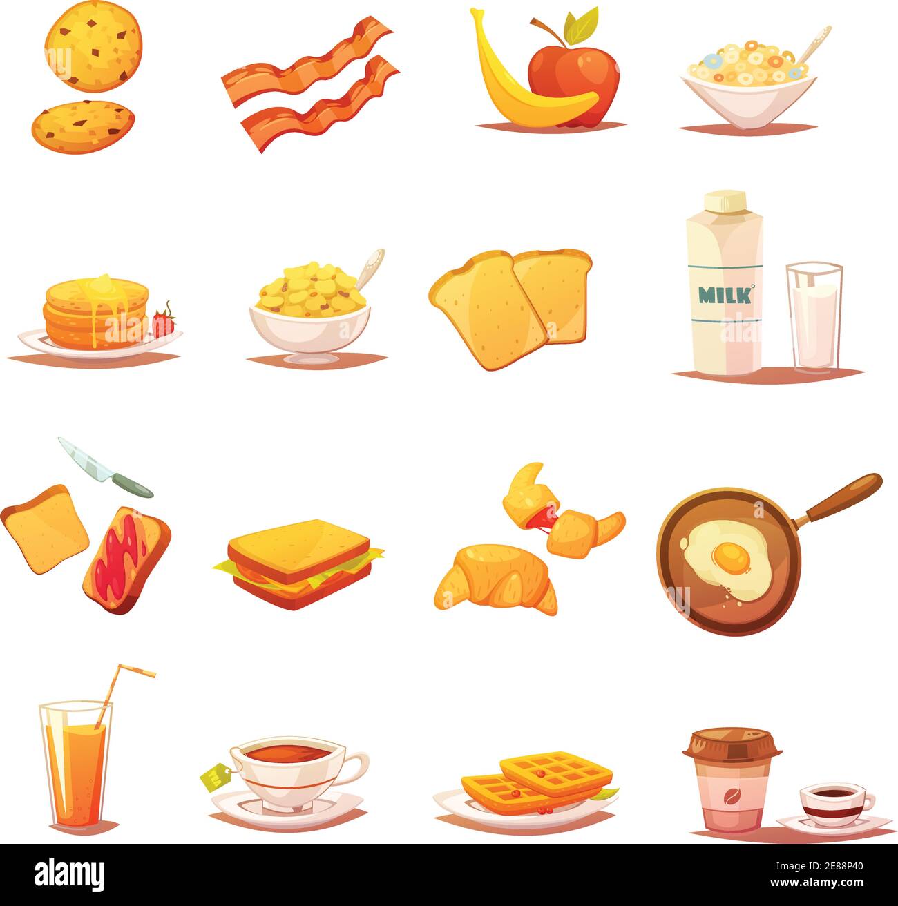 Classic breakfast icons collection with beacon fruits croissant milk ...