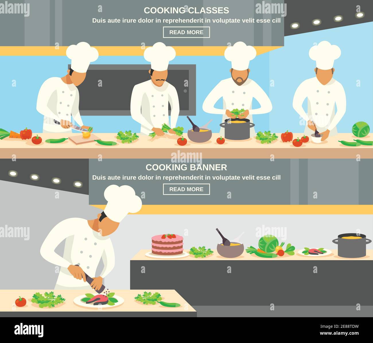 Cook profession horizontal banners set with cooking classes symbols ...