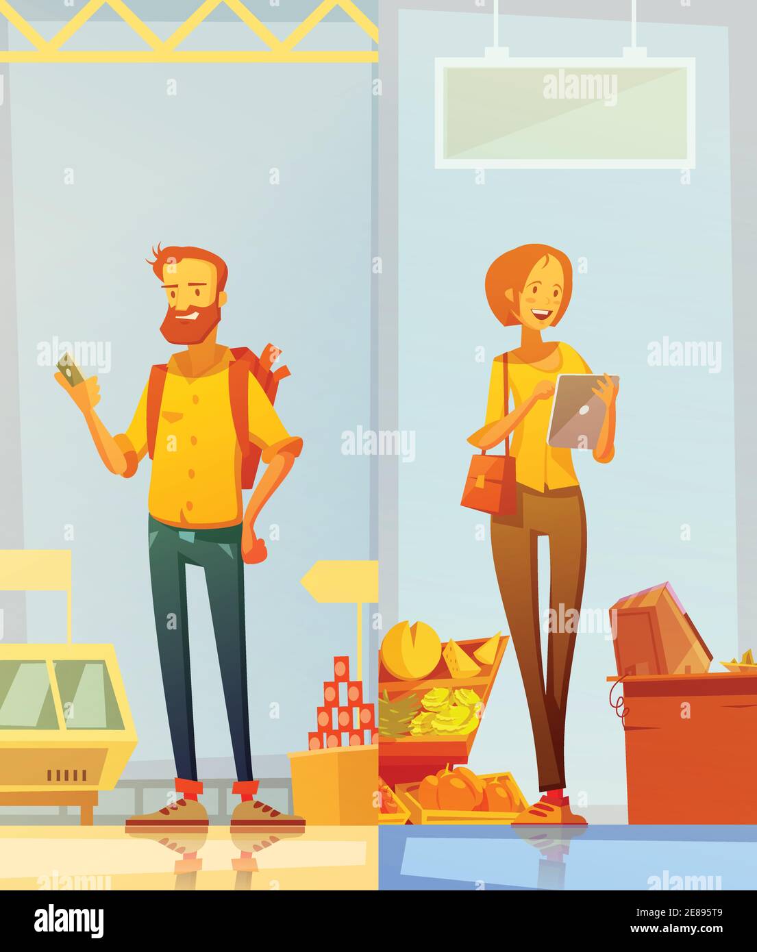 Happy cartoon buyers two vertical banners with man and woman standing ...