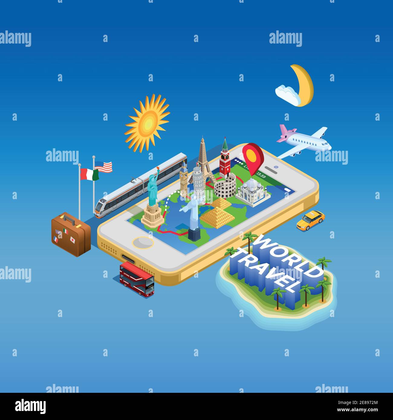 Isometric poster of map on smartphone screen with landmark monuments on ...