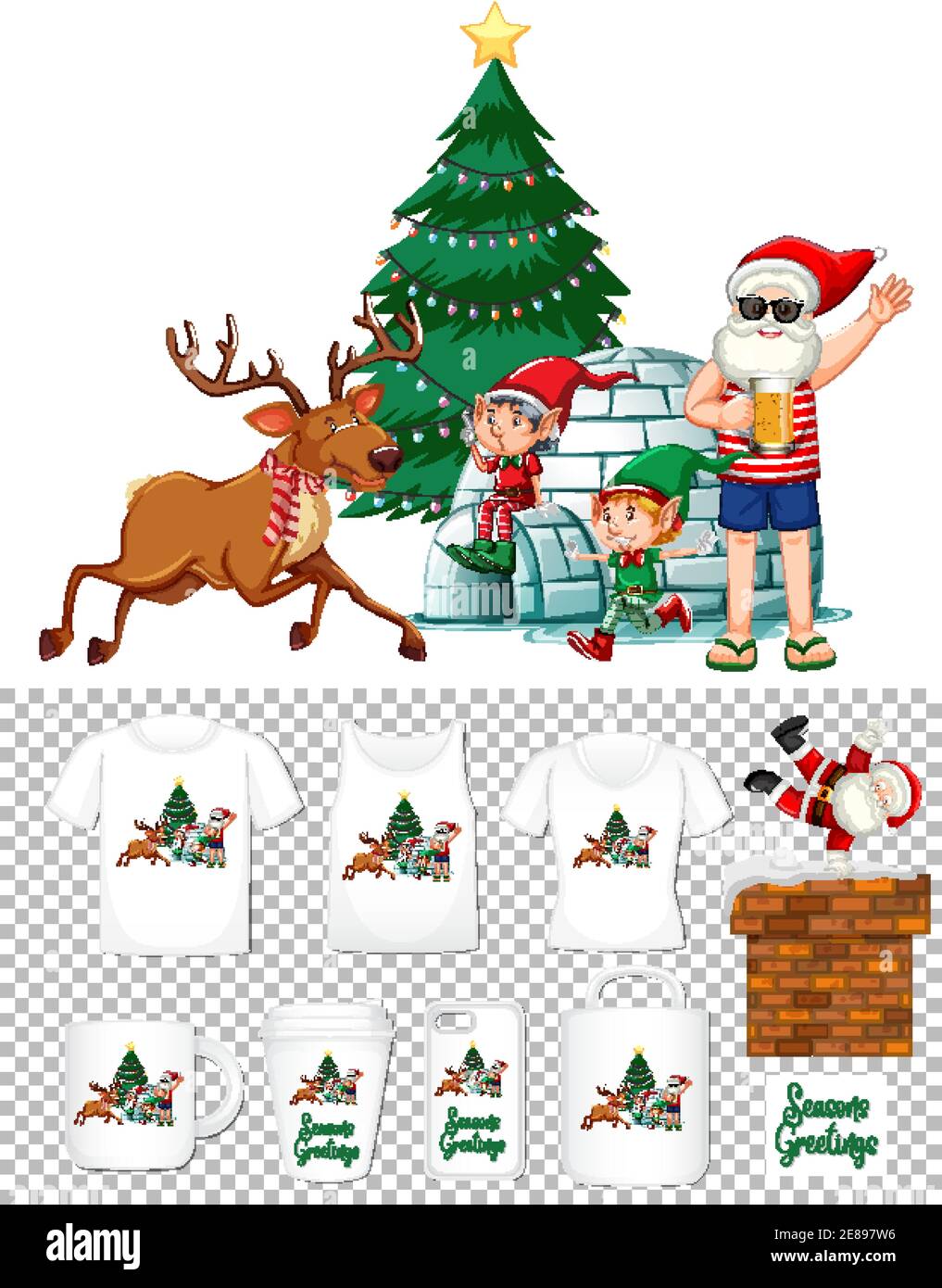 Santa Claus in summer costume cartoon character with set of different ...
