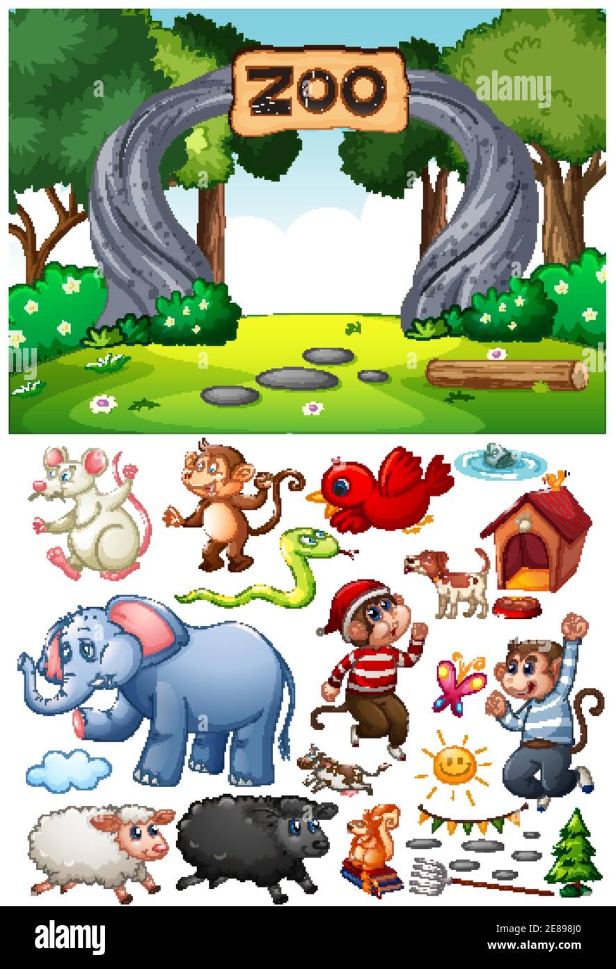 Zoo scene with isolated cartoon character and objects illustration ...