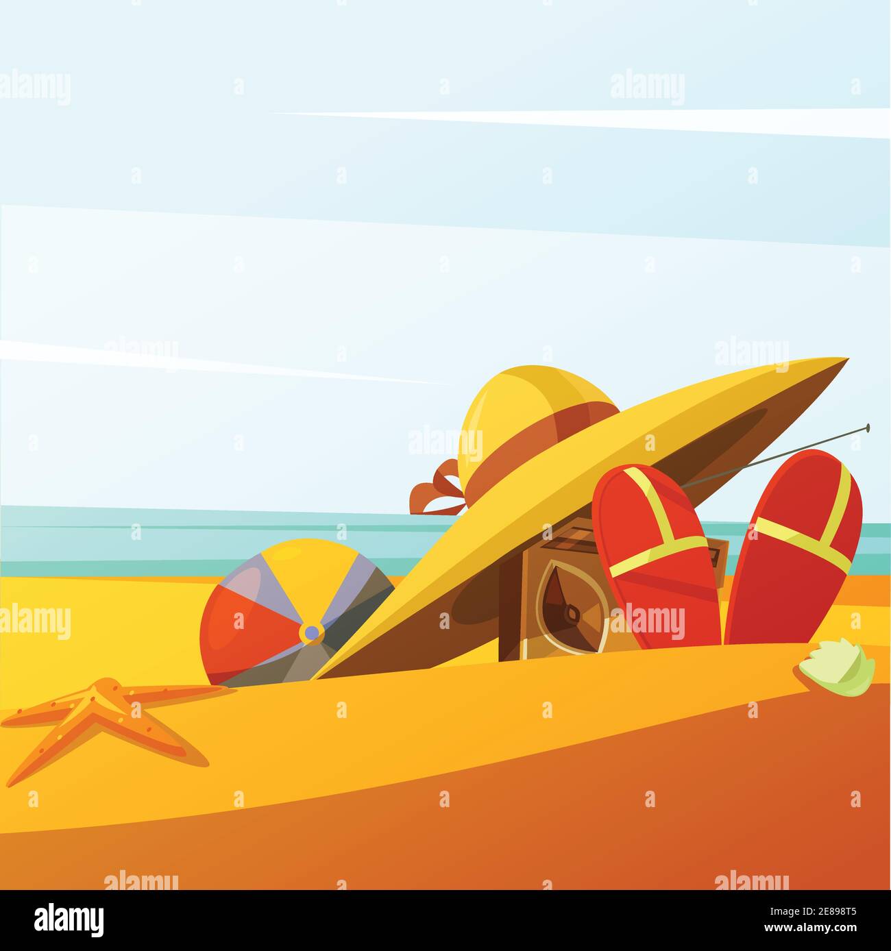 Beach wears background with hat ball radio and slippers cartoon vector ...