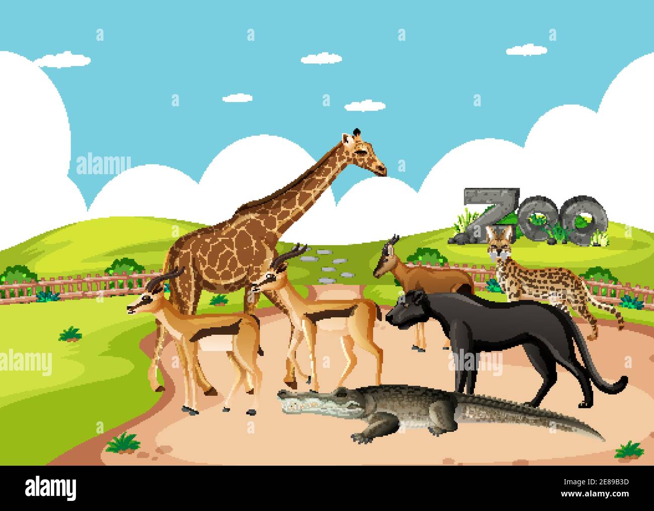 Group of wild african animal in the zoo scene illustration Stock Vector ...