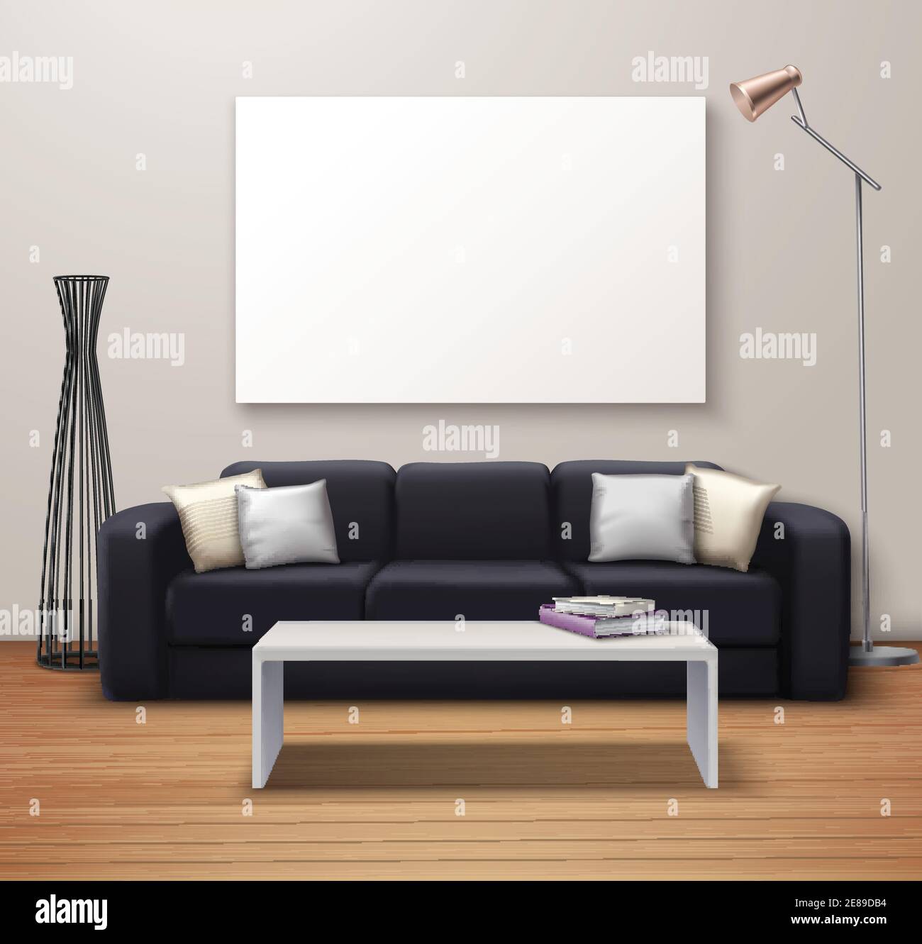 Modern interior design realistic mockup poster with sofa coffee table ...