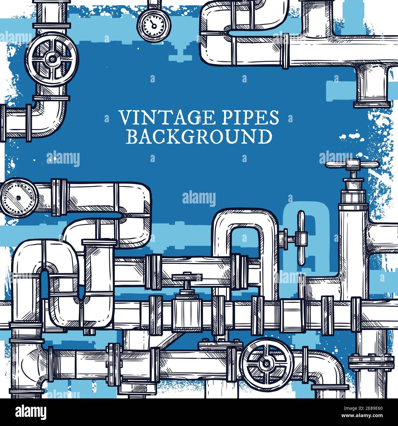 Vintage blue background with sketch pipes system doodle vector ...