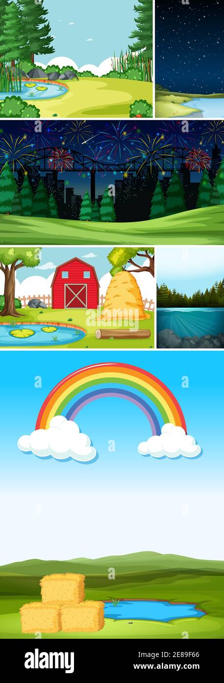 Six different scenes in nature setting cartoon style illustration Stock ...
