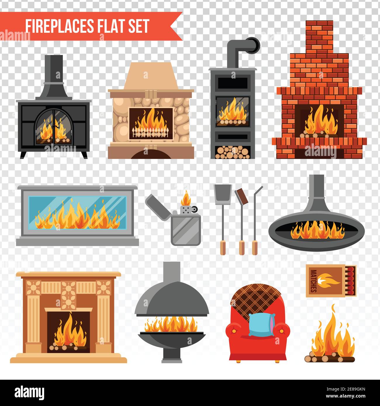 Flat set of fireplaces of various material soft armchair and tools for ...