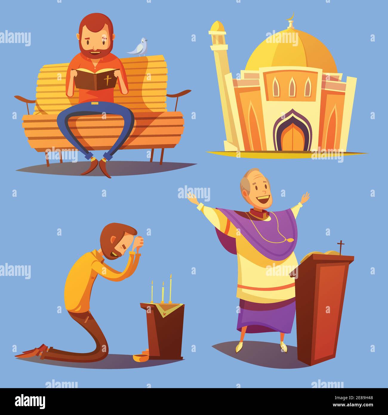 Religion cartoon icons set with church and praying symbols on blue ...