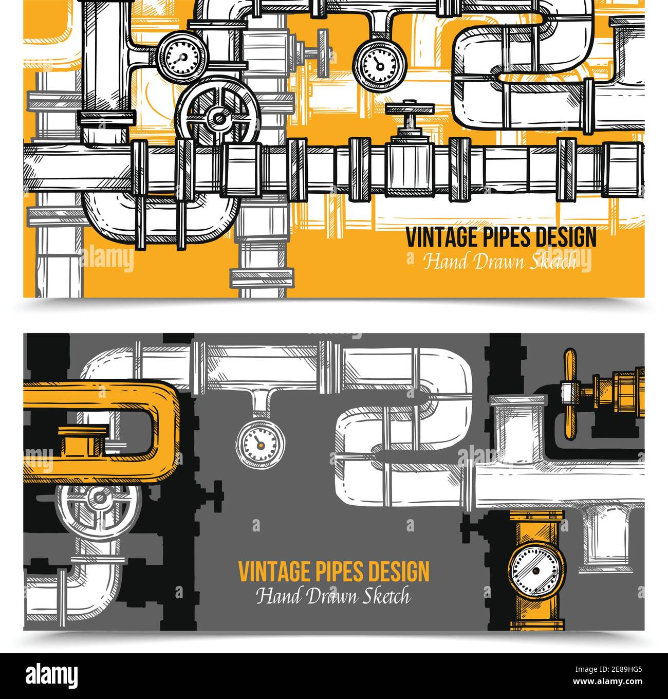 Two horizontal vintage pipes system design banners isolated on white ...