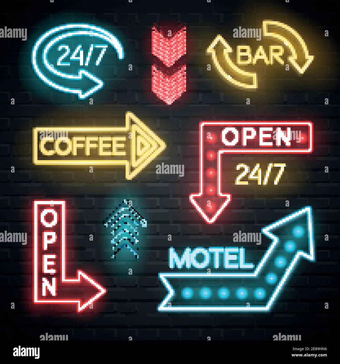 Motel and bar neon realistic arrows set on bricks background isolated ...