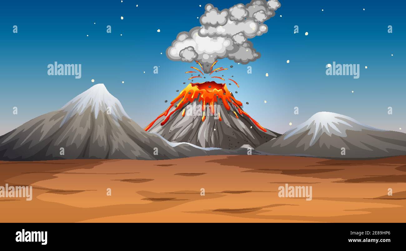 Volcano eruption in desert scene at night illustration Stock Vector ...
