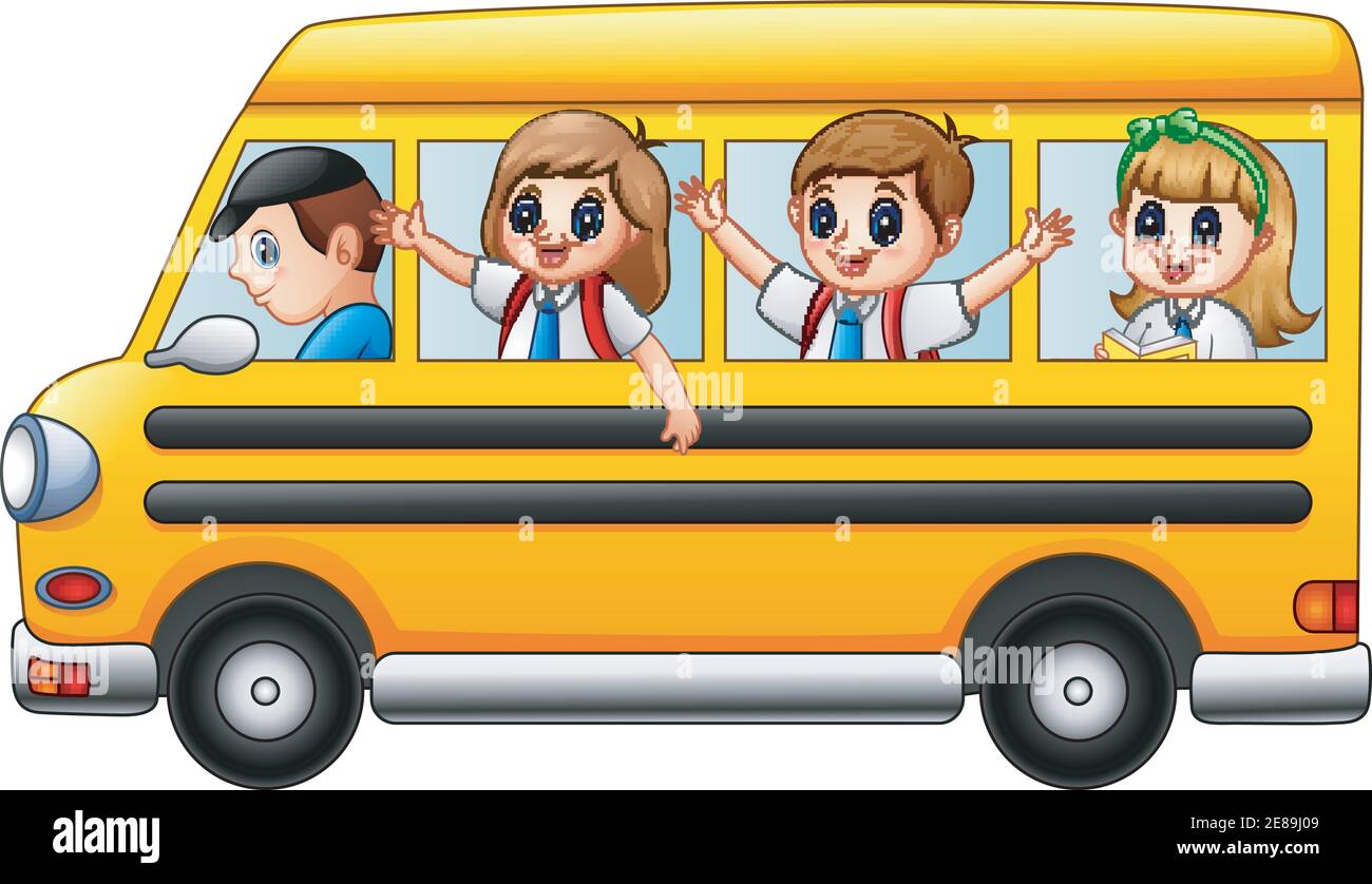 Vector illustration of Happy school kids riding a school bus Stock ...