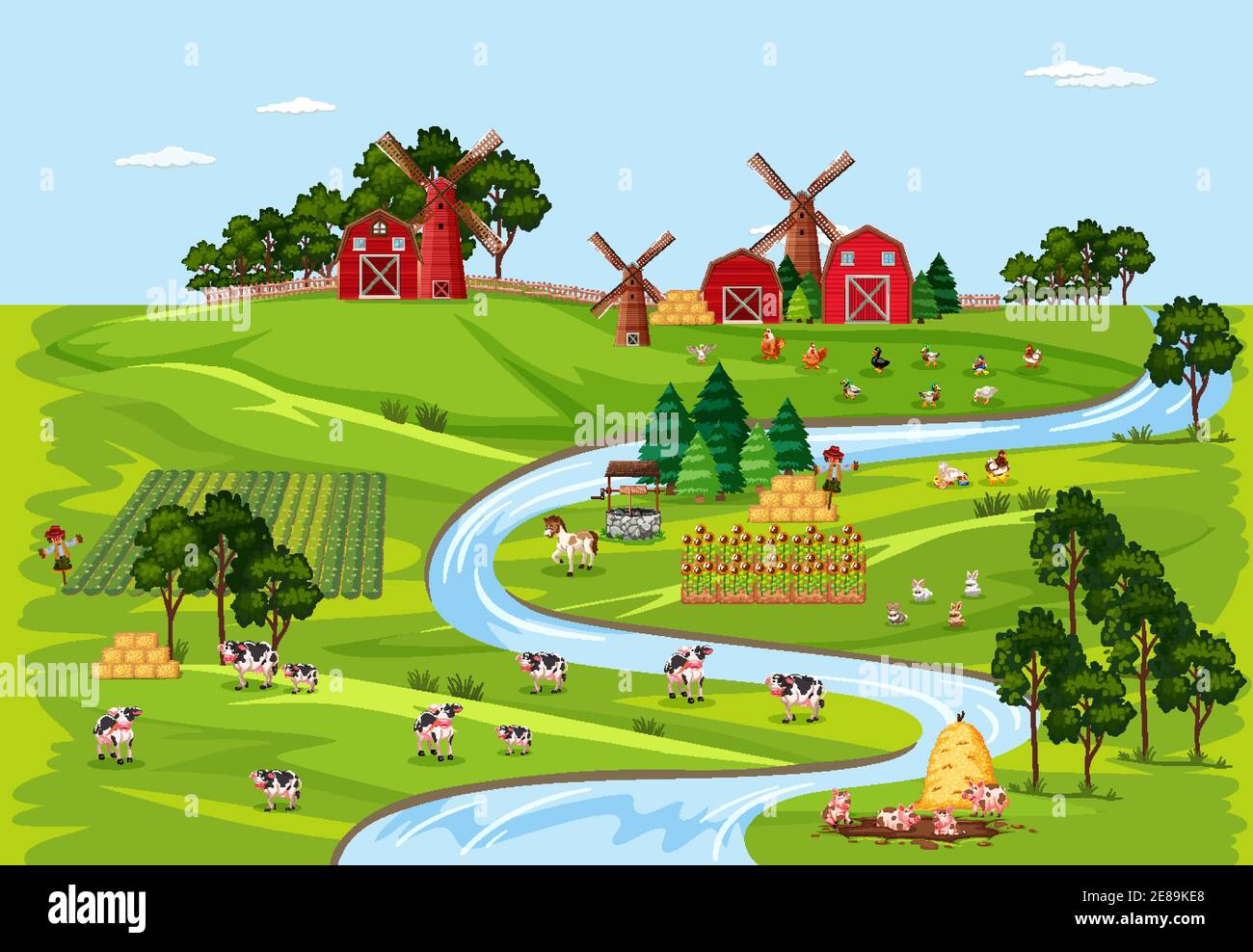 Farm nature with barns landscape scene illustration Stock Vector Image ...