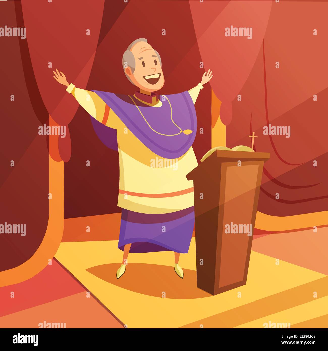 Pope and church cartoon background with religion and faith symbols ...