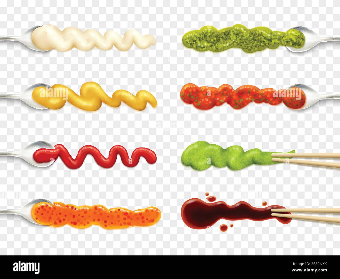 Set of color icons depicting different sauce in spoon vector ...