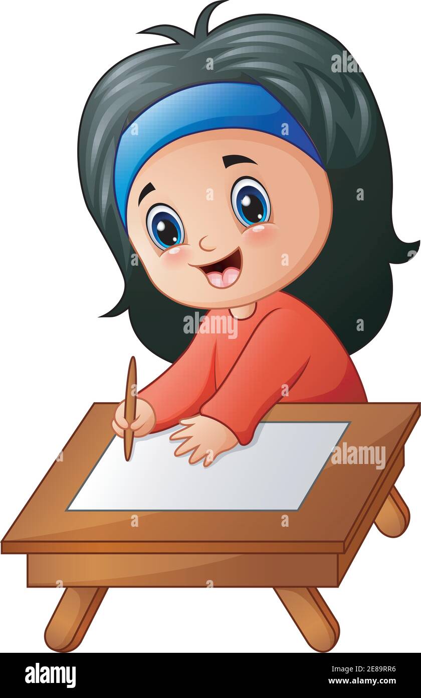 Vector illustration of Little girl cartoon studying Stock Vector Image ...