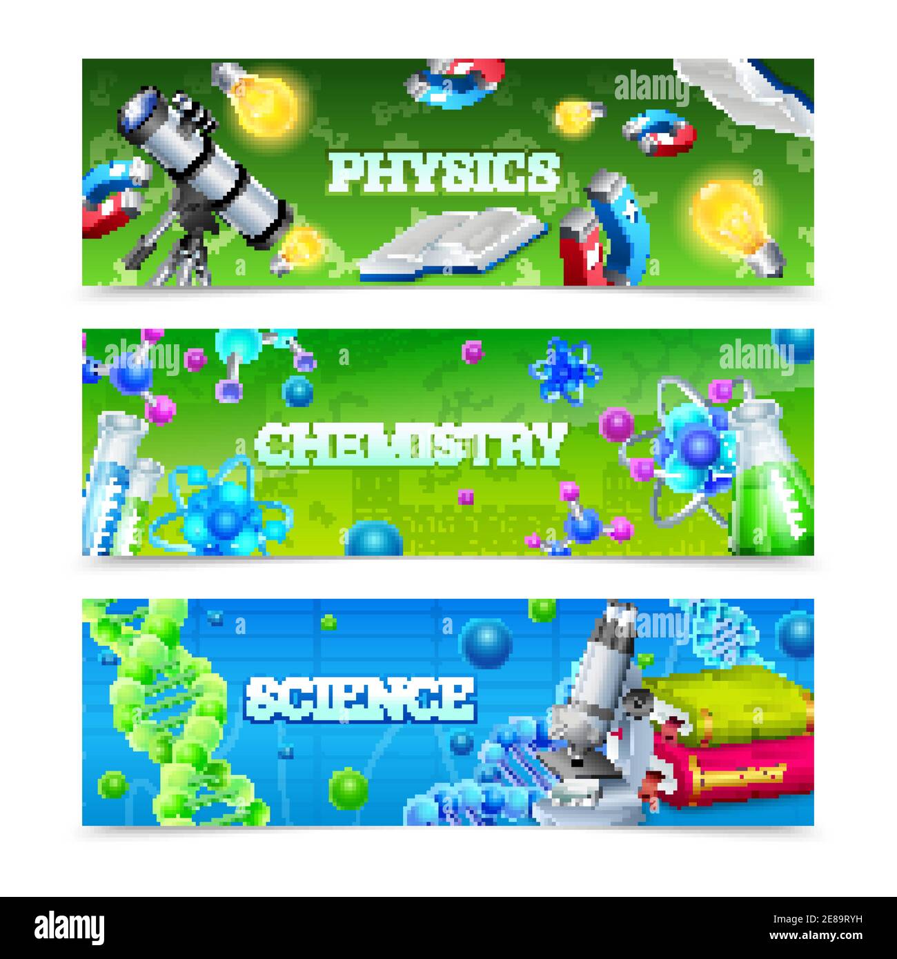 Science horizontal banners set with icons collection for chemical ...