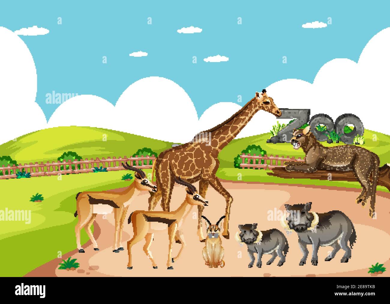 Group of wild african animal in the zoo scene illustration Stock Vector ...