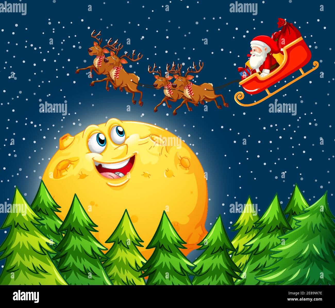 Smiling moon in the sky at night with Santa Claus on sleigh ...